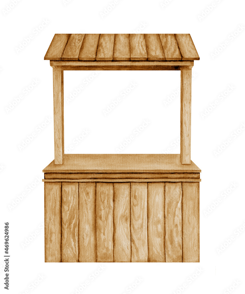 Wooden market stall watercolor illustration. Farm market rustic counter ...