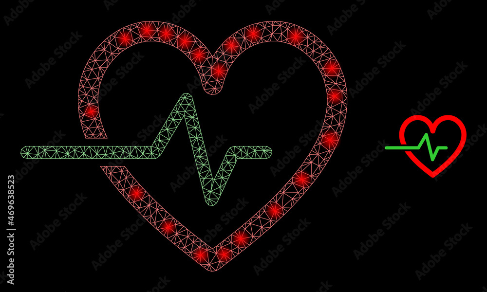 Glossy polygonal mesh net heart pulse icon with glow effect on a black ...