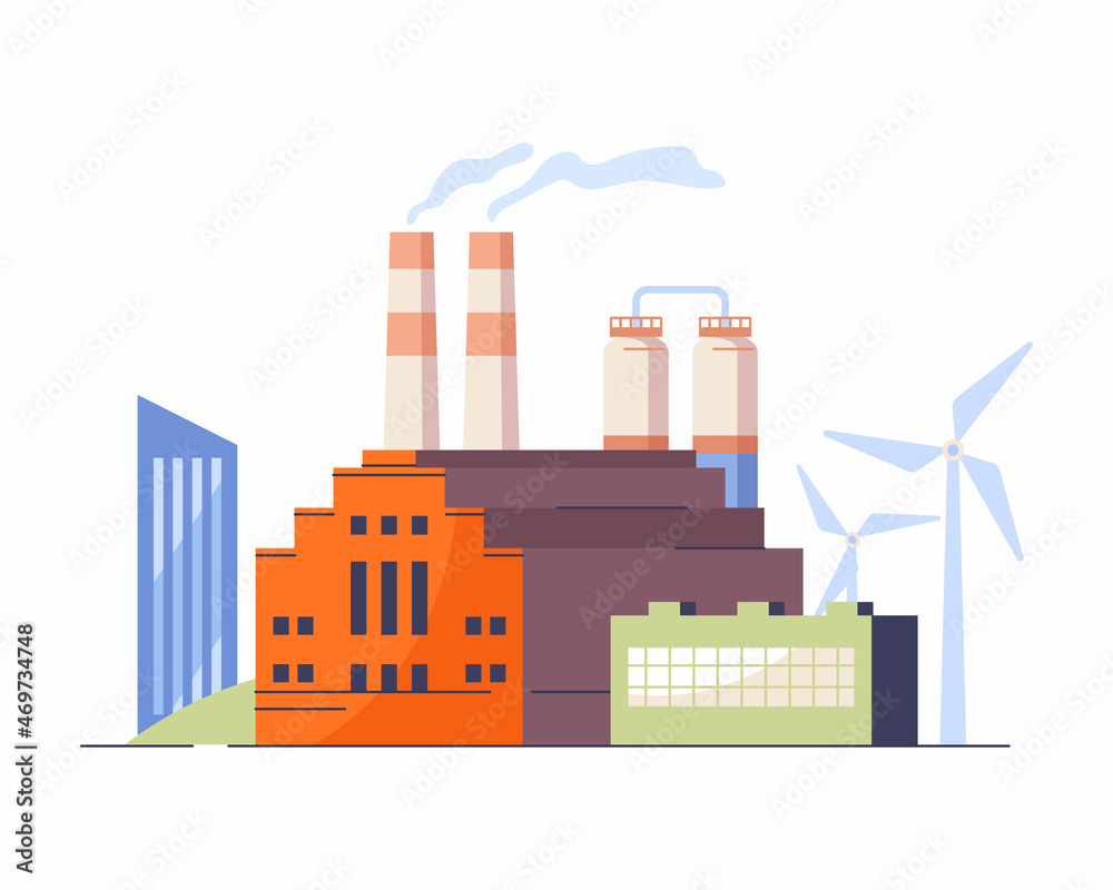 Sticker of factory. Generation of electricity, conversion of air into ...