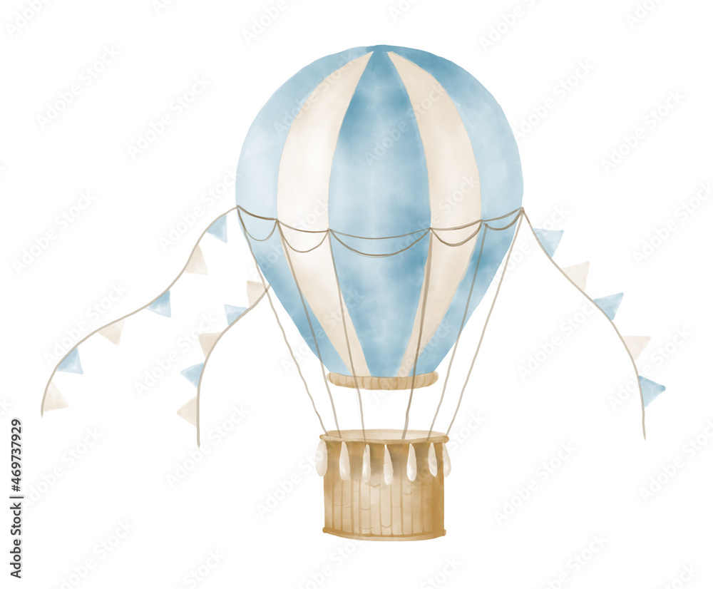Watercolor blue Air Balloon with basket and pennants. Hand painted illustration for Children ...