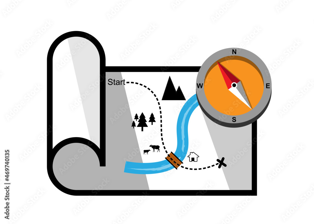 Map and compass icon. Adventure Plan mapping. guideline for sport game ...