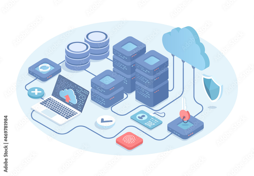 Web hosting service with servers, computer, cloud. Big data processing concept, cloud database ...