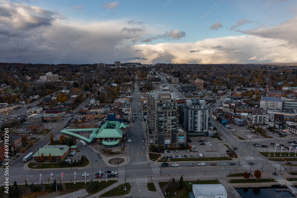 sunset fall Drone view of Barrie waterfront downtown with blue skies ...