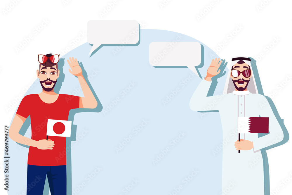 Men with Japanese and Qatari flags. Background for text. Communication ...