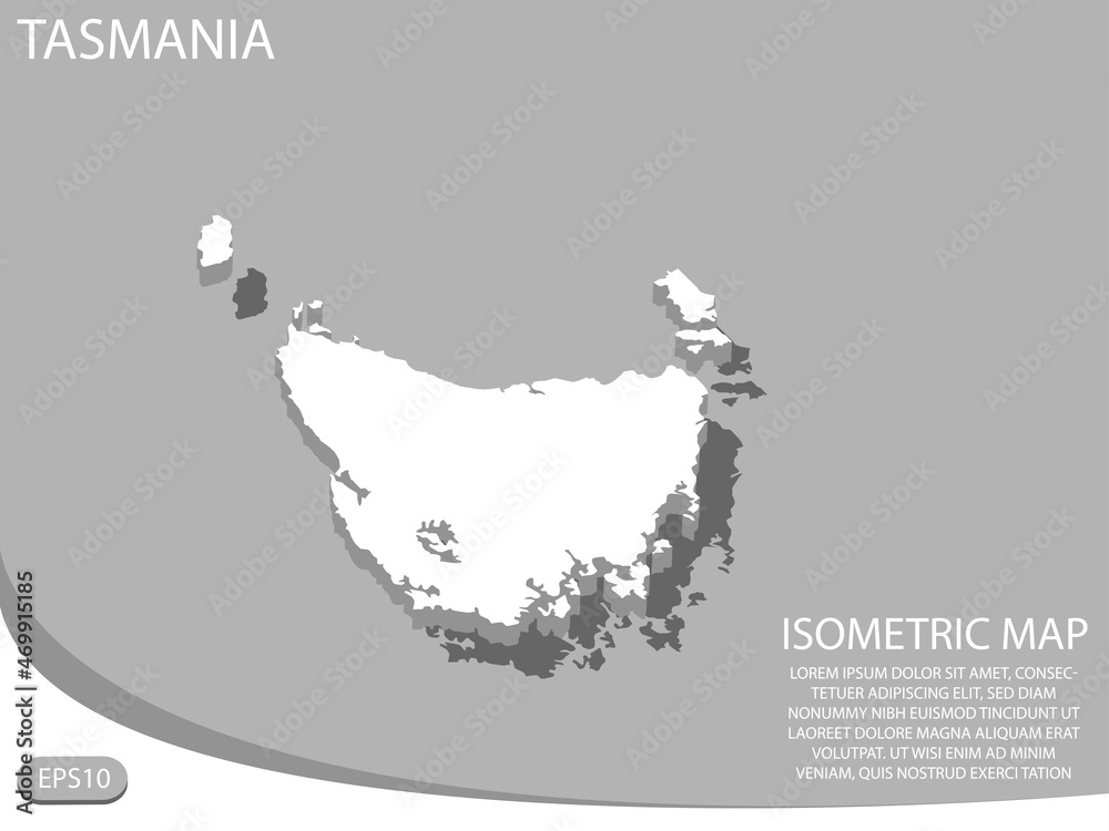 White isometric map of Tasmania elements gray background for concept ...