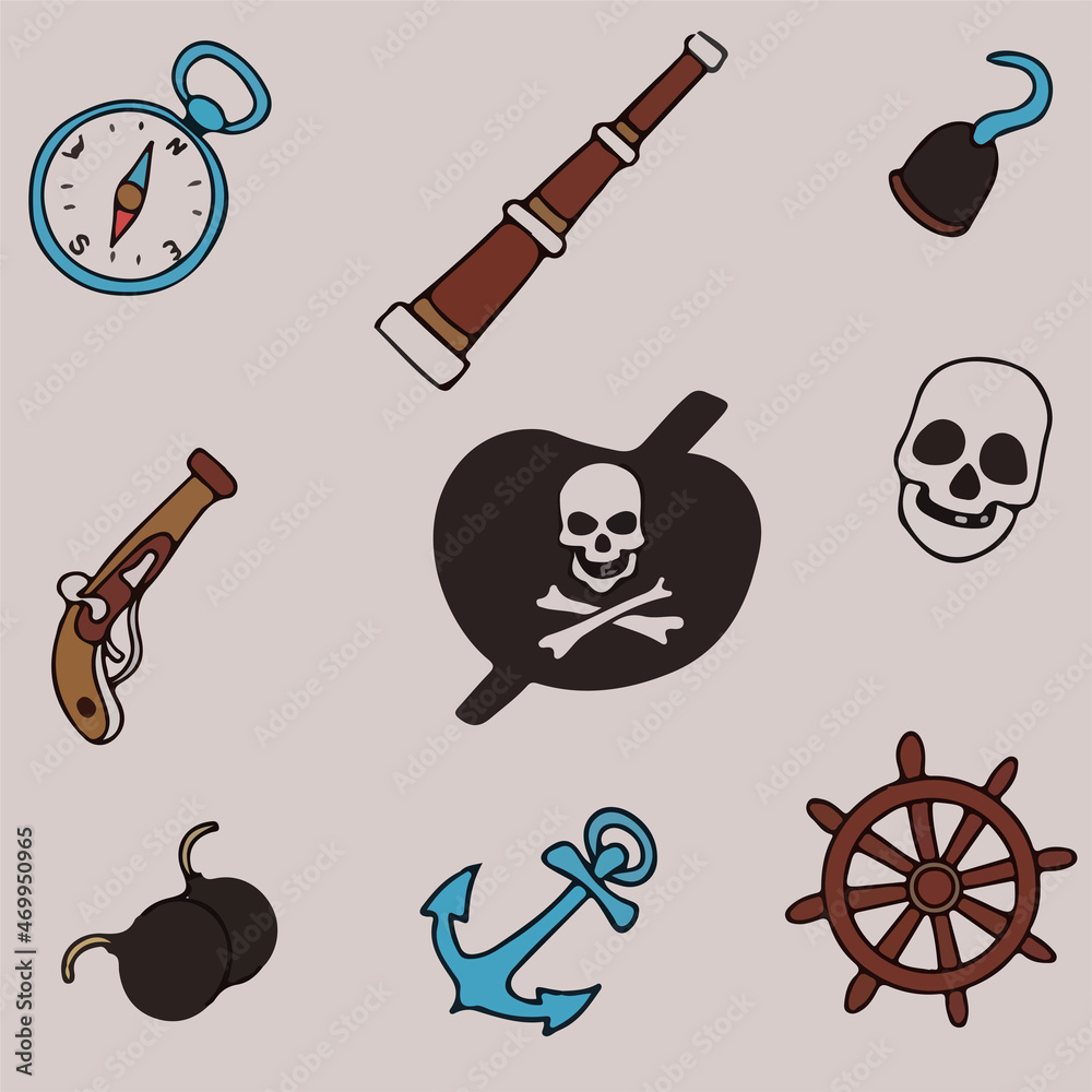 Vector doodle pirate seamless pattern. A map with a hand-drawn sketch ...