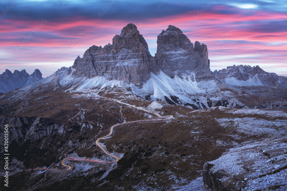 Dramatic evening landscape with Three peaks of Lavaredo mountains ...
