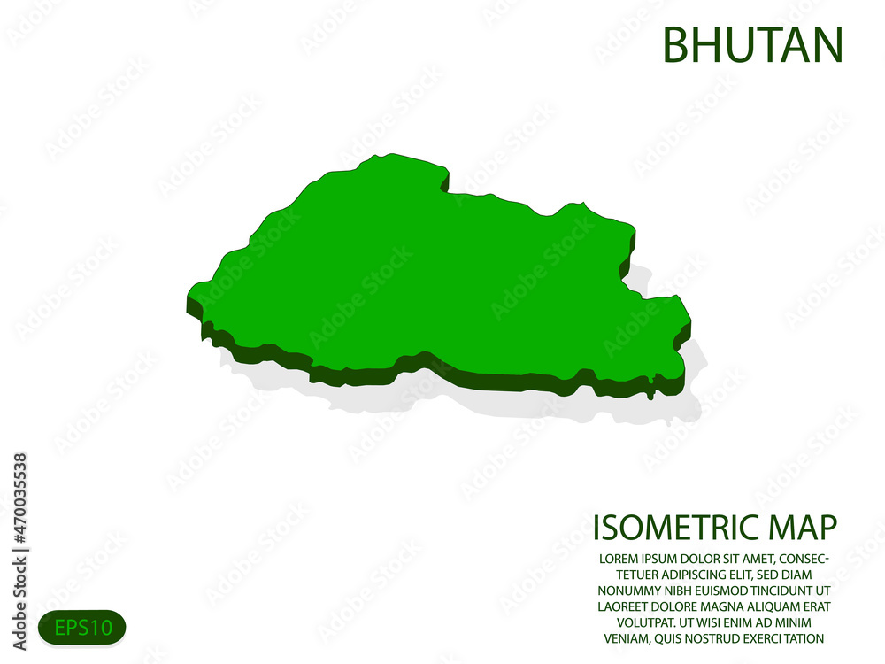 Green isometric map of Bhutan elements white background for concept map ...
