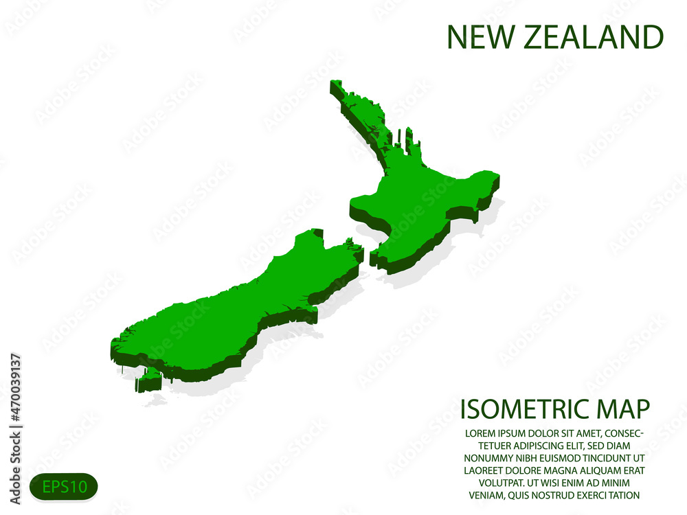 Green isometric map of New Zealand elements white background for ...