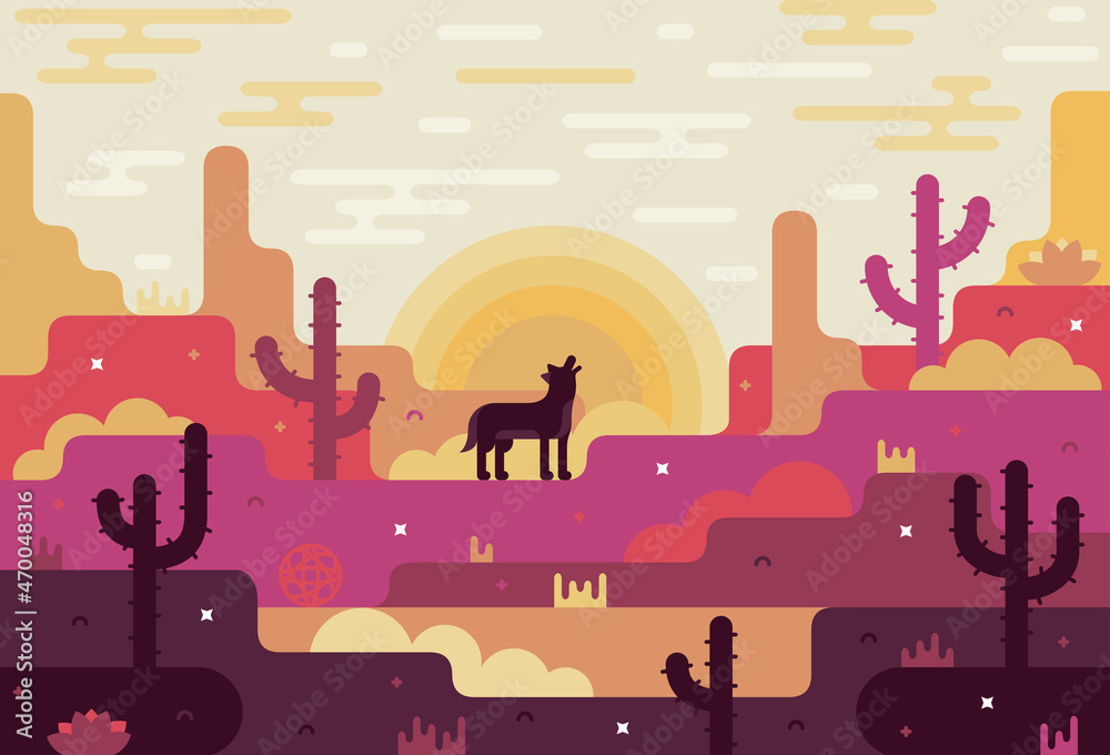 Vector flat cartoon Illustration of desert, wolf, cactus and sunrise ...