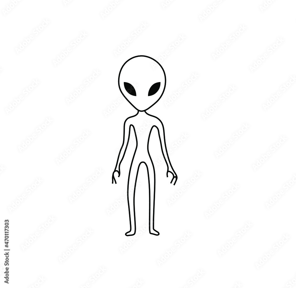 Vector isolated tall thin alien in full growth contour line drawing ...