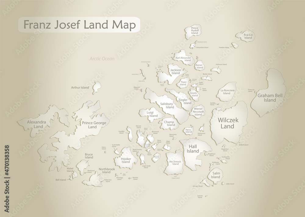 Franz Josef Land map, administrative division with names, old paper background vector Stock ...