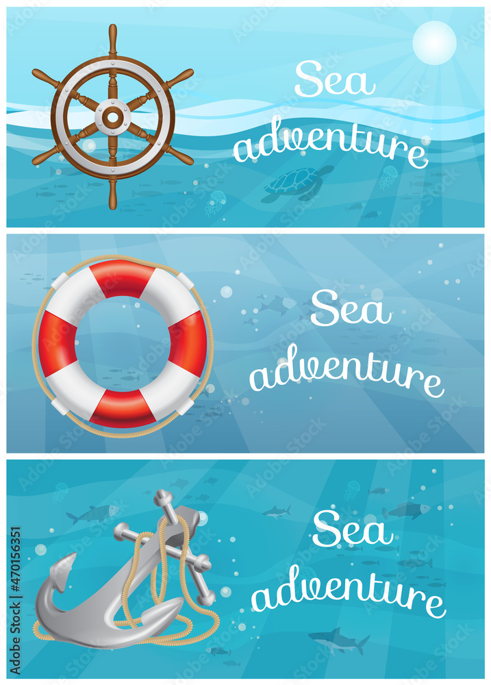 Exciting sea adventures and tourism posters set. Marine cruise and sea ...