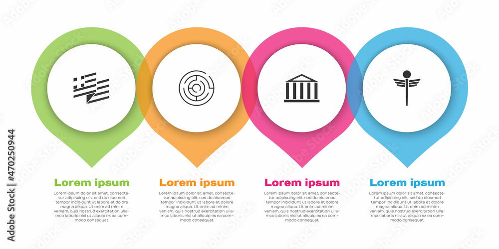 Set Greece national flag, Minotaur labyrinth, Parthenon and Caduceus ...