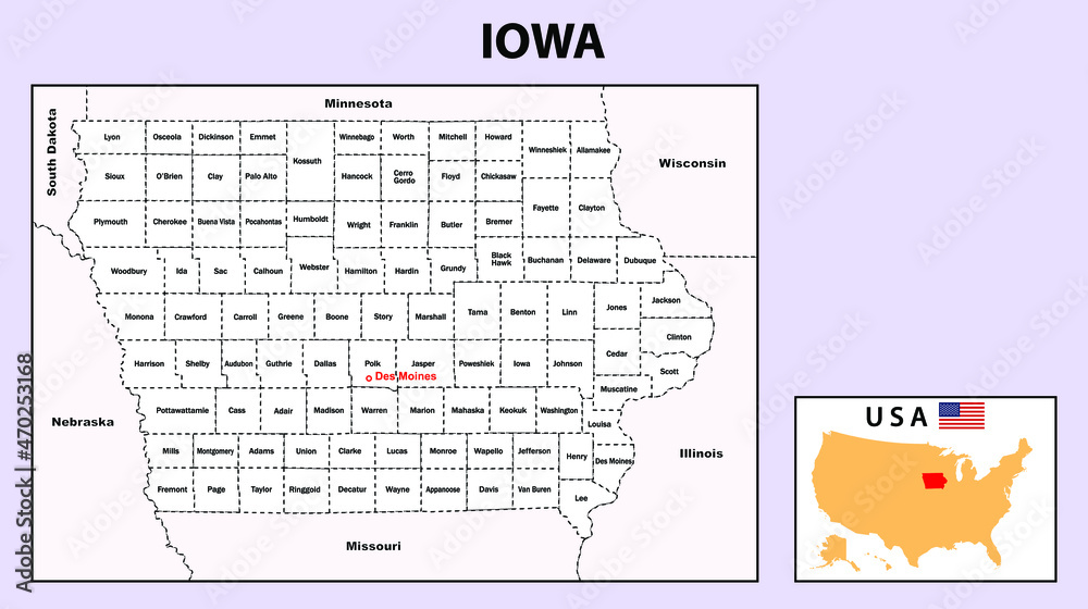 Iowa Map. Political map of Iowa with boundaries in white color. Stock ...