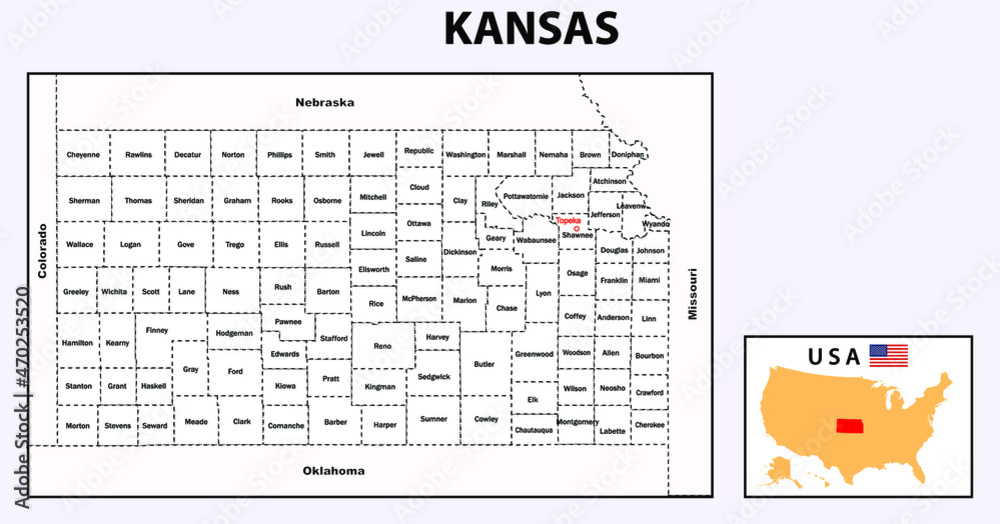 Kansas Map. Political map of Kansas with boundaries in white color ...