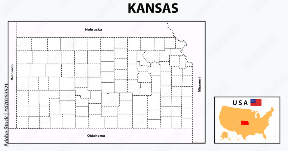 Kansas Map. Political map of Kansas with boundaries in Outline. Stock ...