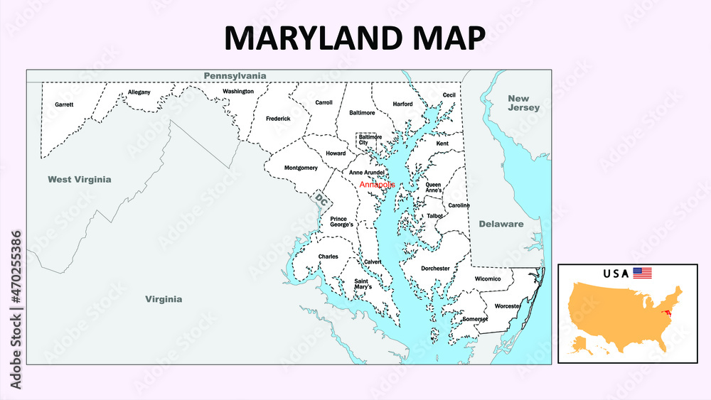 Maryland Map. Political map of Maryland with boundaries in Outline ...