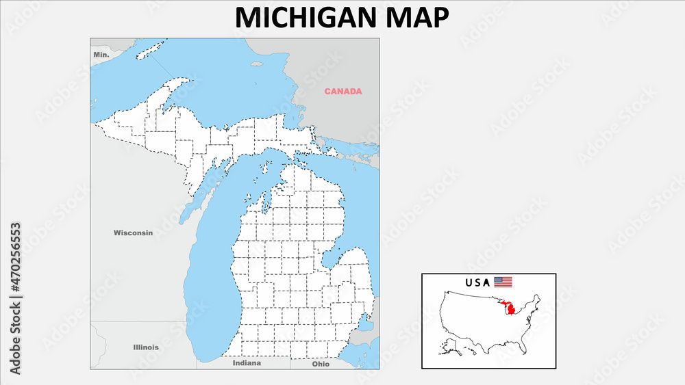 Michigan Map. Political map of Michigan with boundaries in Outline ...