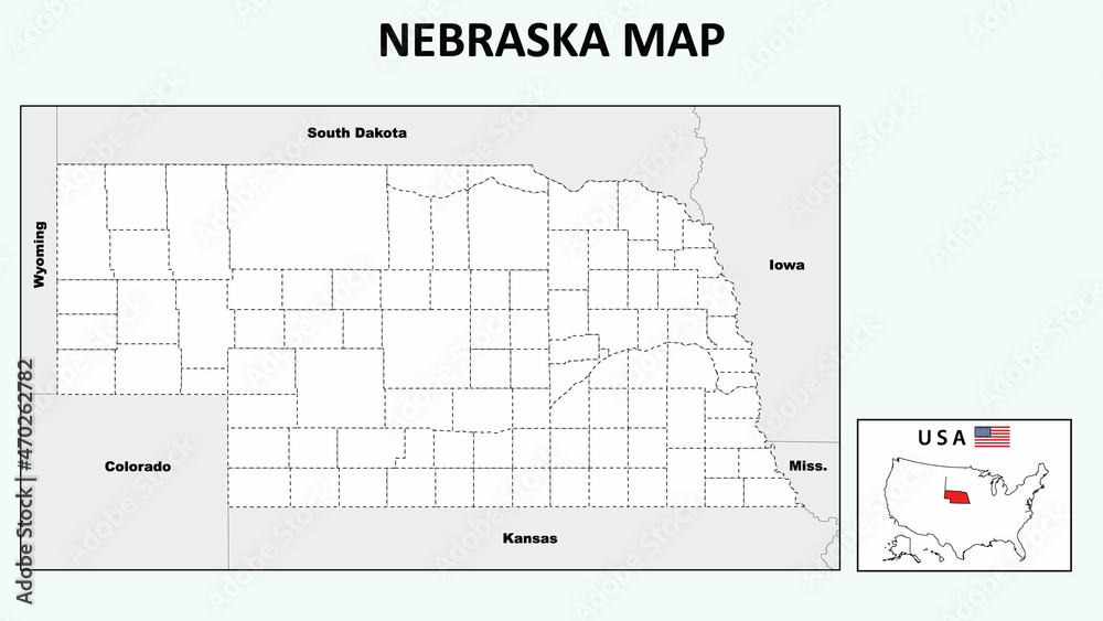 Nebraska Map. Political map of Nebraska with boundaries in Outline ...