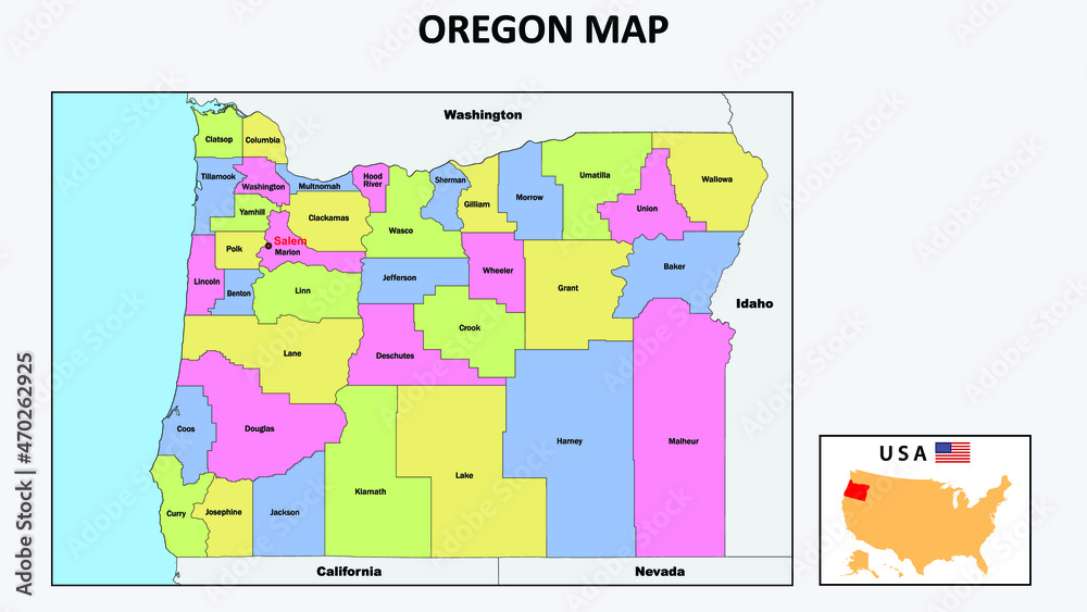 Oregon Map. State and district map of Oregon. Political map of Oregon ...