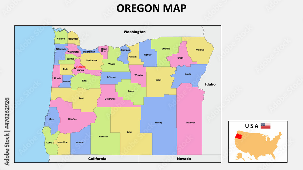 Oregon Map. State and district map of Oregon. Political map of Oregon ...