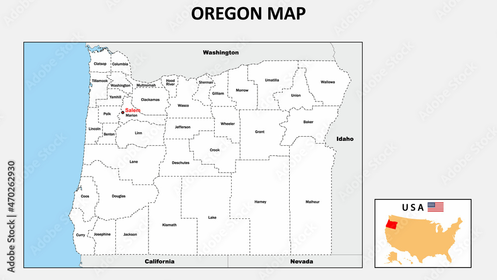 Oregon Map. Political map of Oregon with boundaries in white color ...