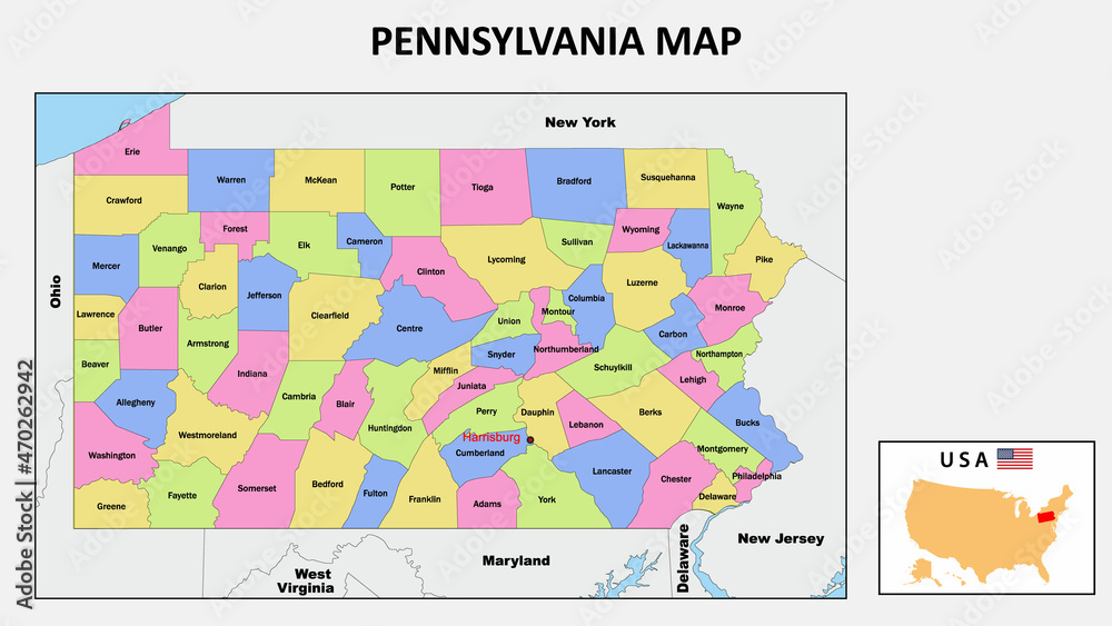Pennsylvania Map. State and district map of Pennsylvania. Political map ...