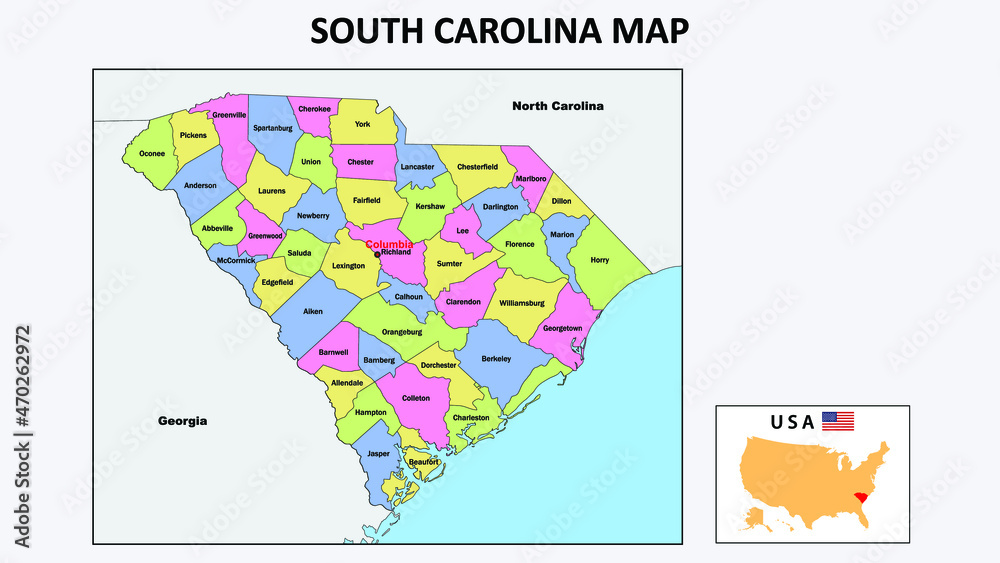 South Carolina Map. State and district map of South Carolina. Political ...