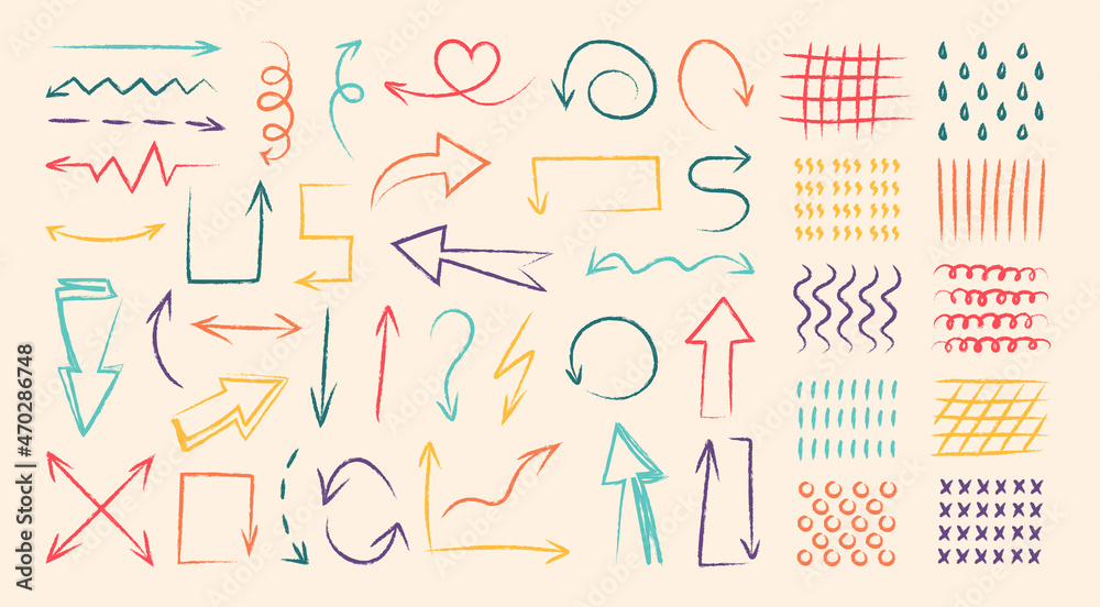 Colorful doodle arrows. Children pencil drawing of direction arrows and ...