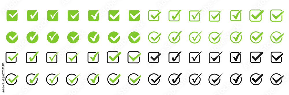 Green check mark and red cross icon set. Circle and square. Tick symbol in green color. Check ...