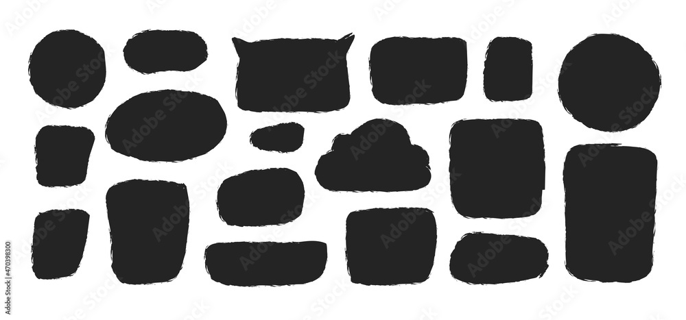 Rough shapes. Hand drawn brush stroke grunge round and square spots ...