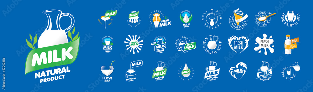 A set of vector Milk logos on a blue background Stock Vector | Adobe Stock