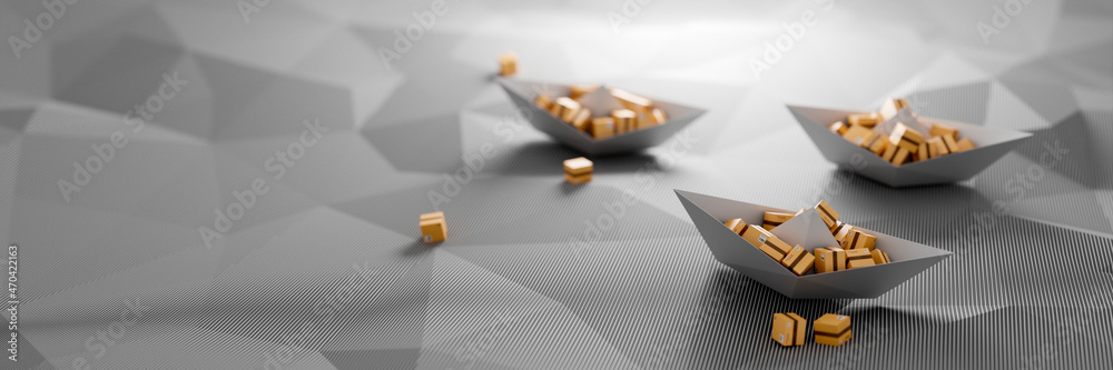 Conceptual paper ship loaded with many cartons; logistics industry and ...
