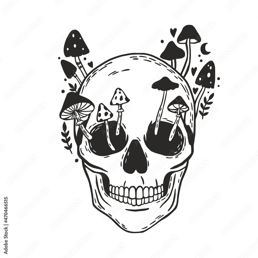 Human skull and mushroom sprouted sketch engraving vector illustration ...
