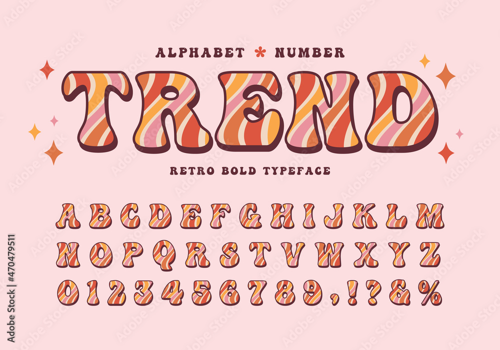 Groovy retro alphabet & number. Wave swirl pattern font. Seventies ...