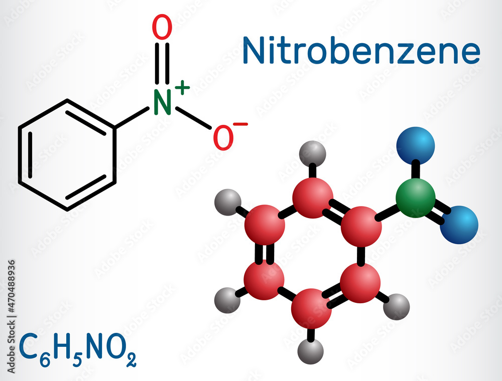 Nitrobenzene molecule. It is used in the manufacture of aniline, dyes ...