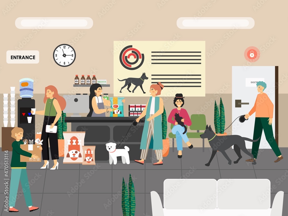 People with cats and dogs buying food, cute small domestic animals in ...