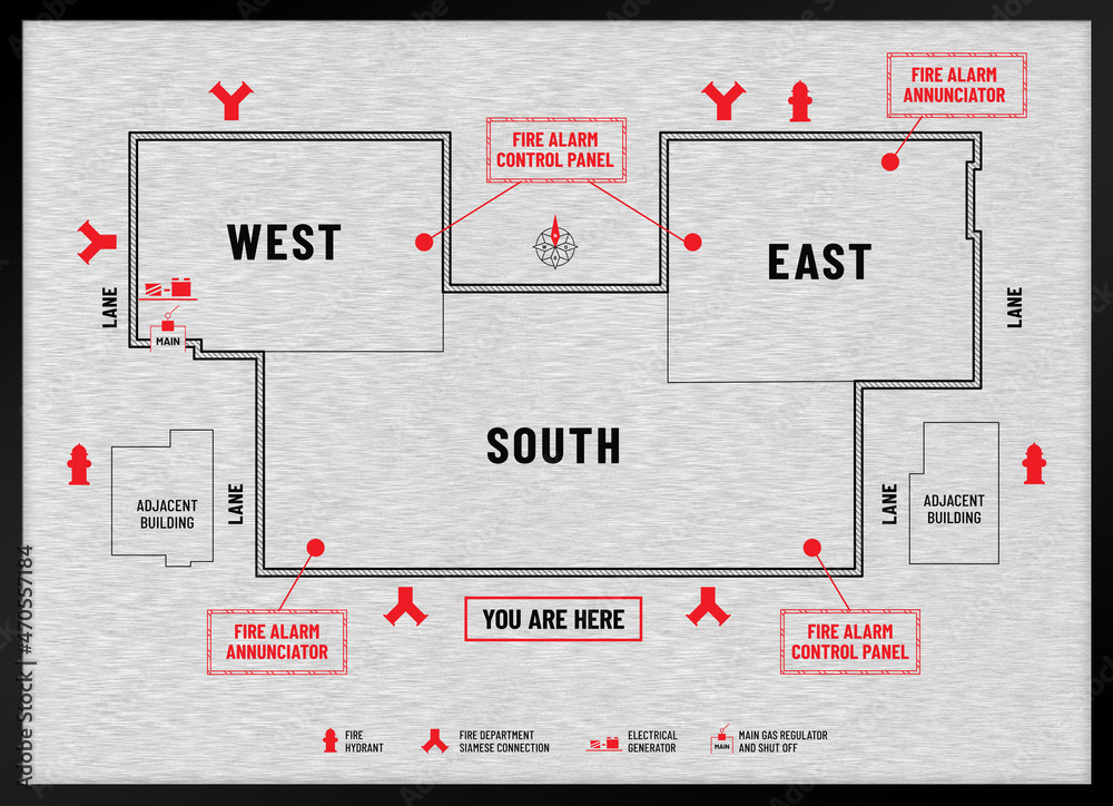Illustration Stock Brushed metal fire emergency plan or evacuation ...