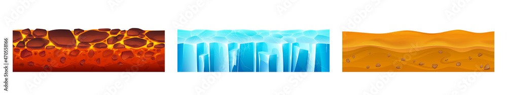 Game textures of lava, ice and sand cross section view. Cartoon ...