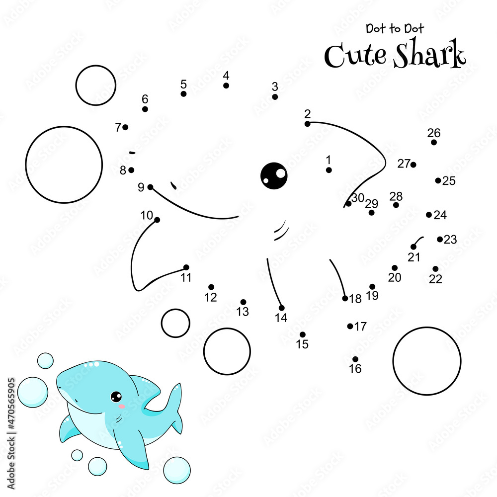 Connect The Dots and Draw Cute Shark. Dot to dot puzzle. Educational ...