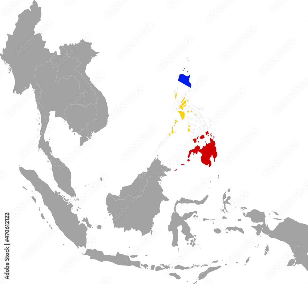 Map of Philippines with national flag inside the gray map of Southeast ...