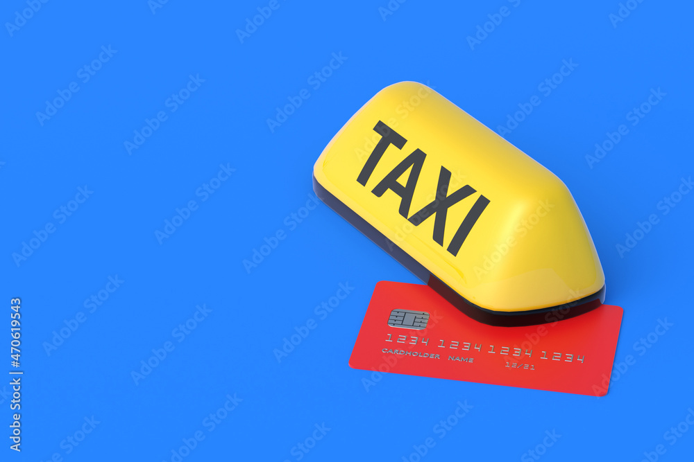 Yellow taxi sign near credit card. Payment for carrier services. Modern ...