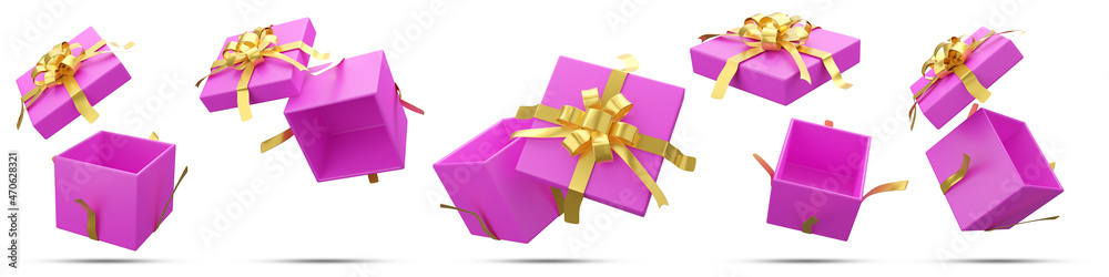 No.3 Pink gift box with gold ribbon 3D rendering set 2 on white ...