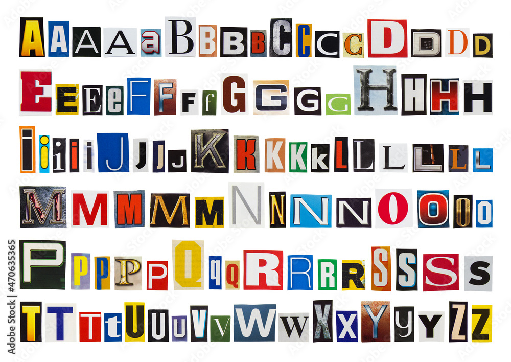 English alphabet letters cutting from magazine paper. Newspaper ...