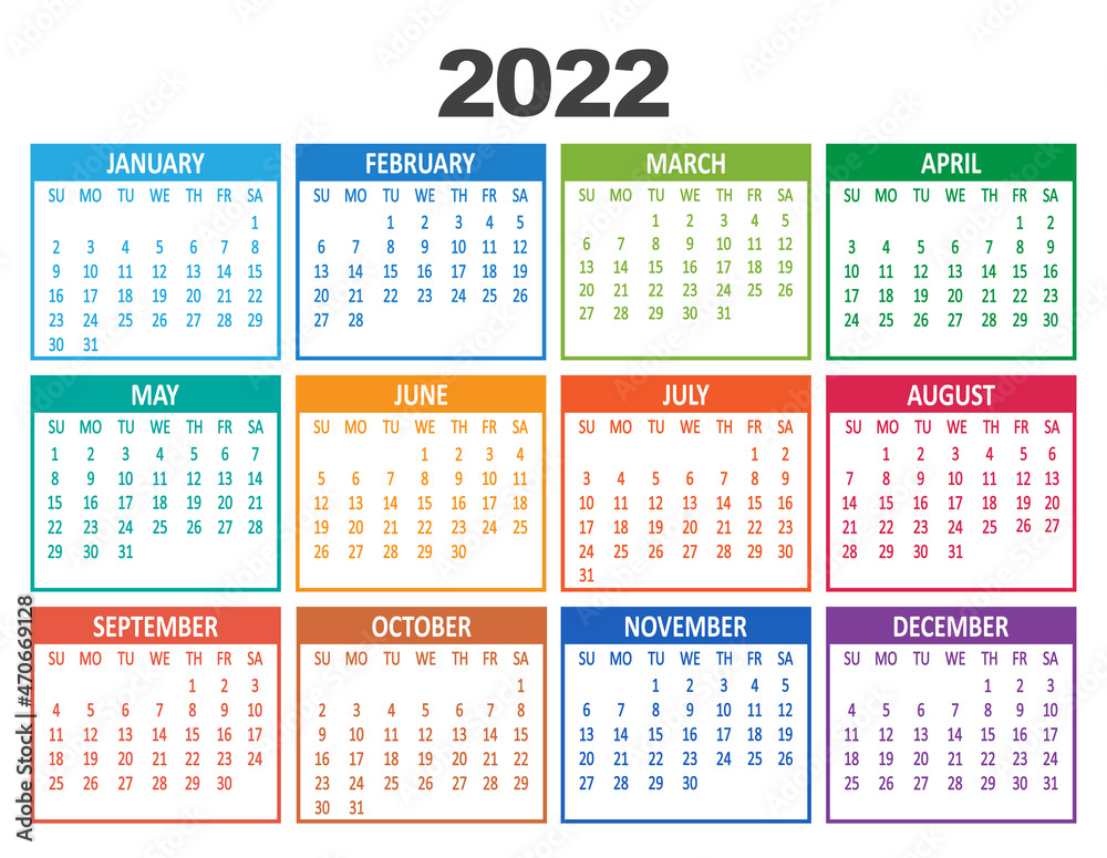 2022 year calendar. Week starts on Sunday template. Vector illustration ...