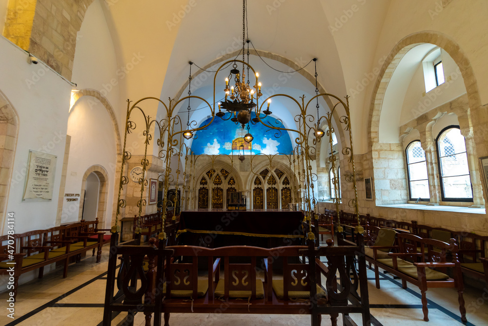 An inside view of the central and ancient synagogue, named after Rabbi ...
