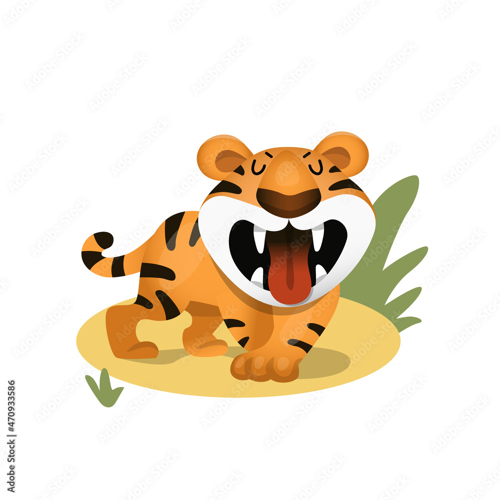 Cute cartoon tiger opens its mouth wide and angry growls. Vector ...