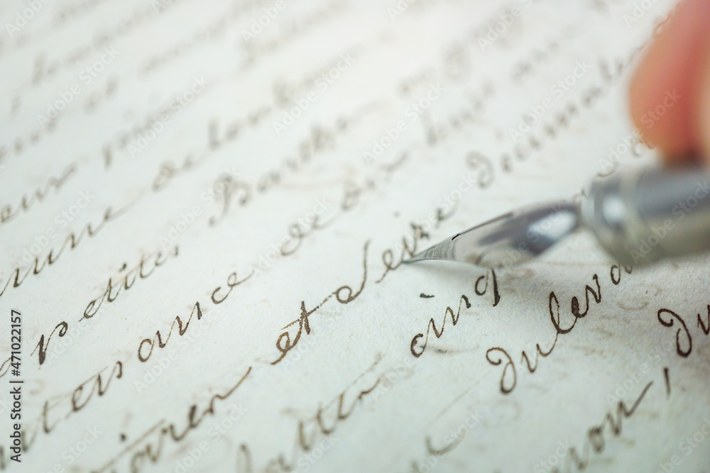 Old fashion writing sample with different writing techniques, papers ...