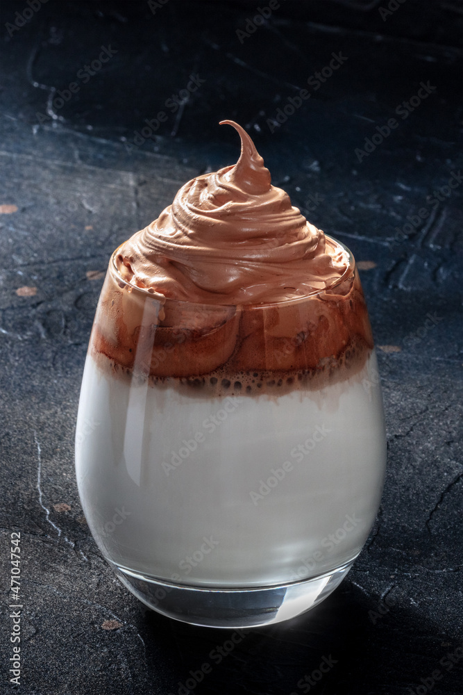 Dalgona cold coffee. Trendy Korean drink with instant coffee and cream ...